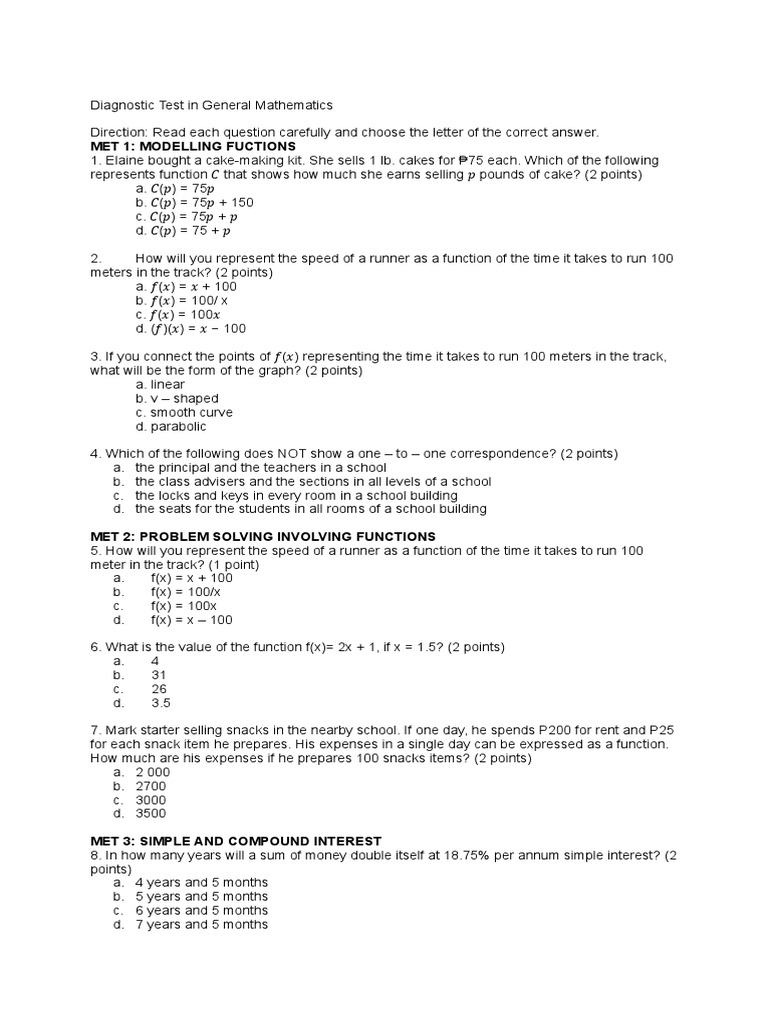 General Mathematics Diagnostic Test | PDF | Interest | Bonds (Finance)