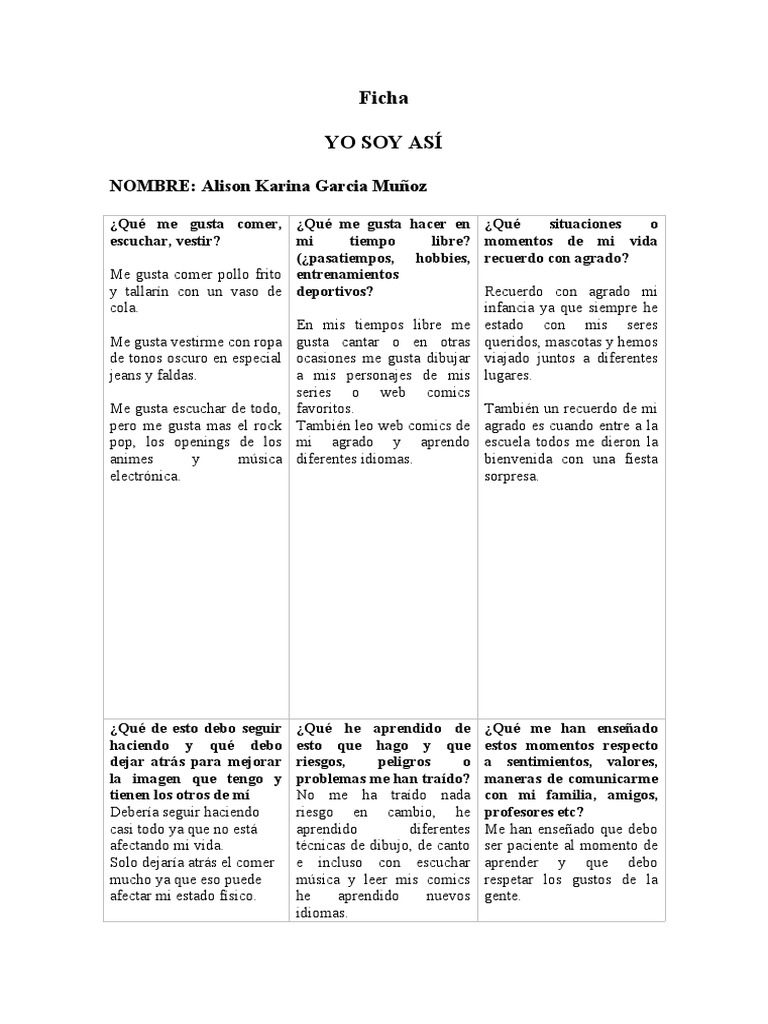 Yo Soy Así Ficha - Deber | PDF