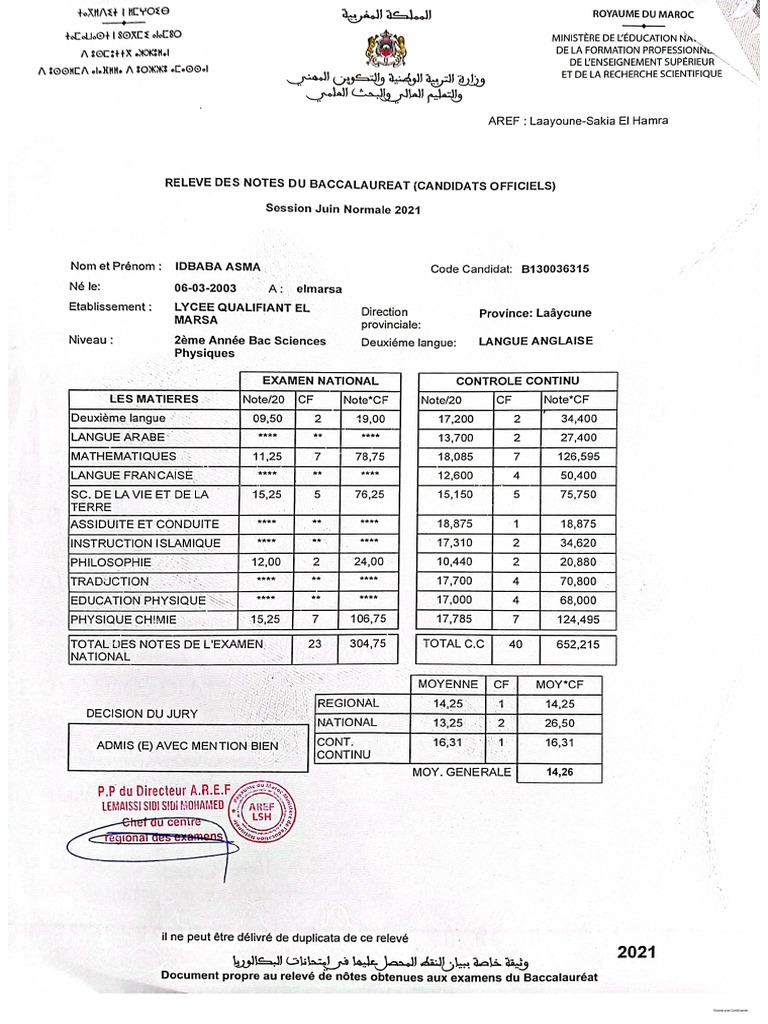 Releve de Notes Bac | PDF