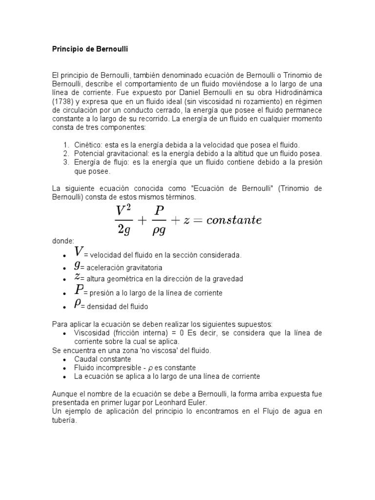 El Principio de Bernoulli, Teorema de Torricelli y Sus Aplicaciones | Descargar gratis PDF ...