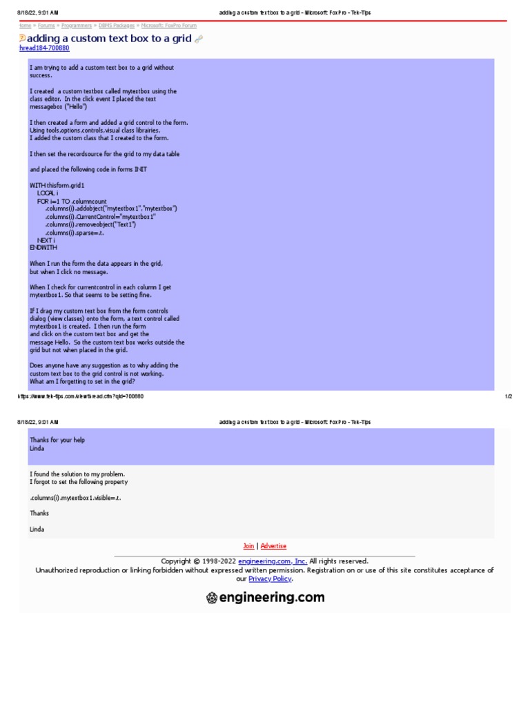 Adding A Custom Text Box To A Grid - Microsoft - FoxPro - Tek-Tips | PDF | Information ...