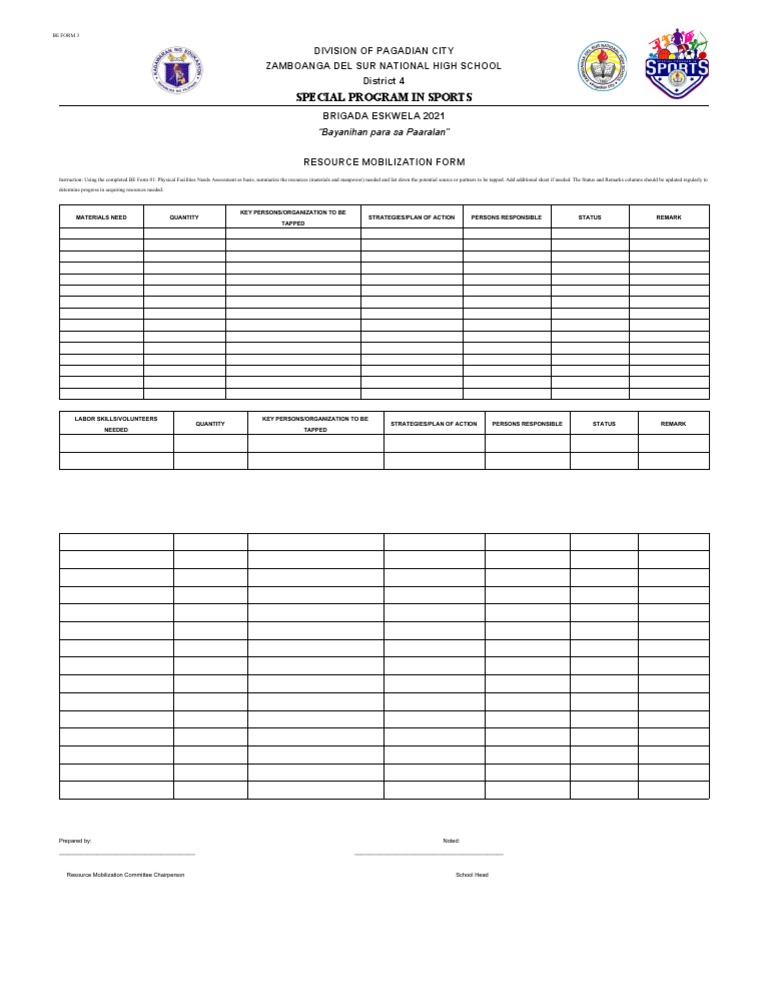 Brigada Eskwela Form 3 Resource Mobilization Form | PDF