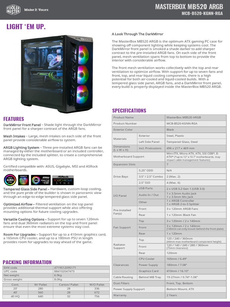 MasterBox MB520 ARGB Product Sheet | PDF | Manufactured Goods | Computing