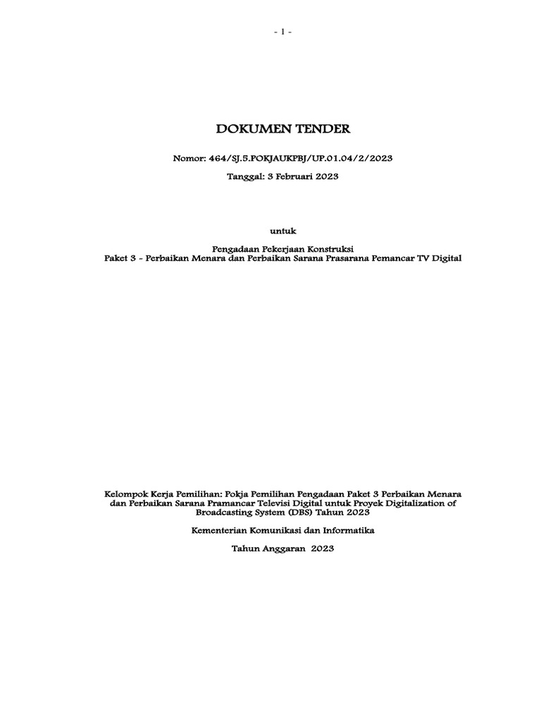 Dok. Tender Paket 3 - Perbaikan Menara Dan Perbaikan Sarana Prasarana Pemancar TV Digital | PDF