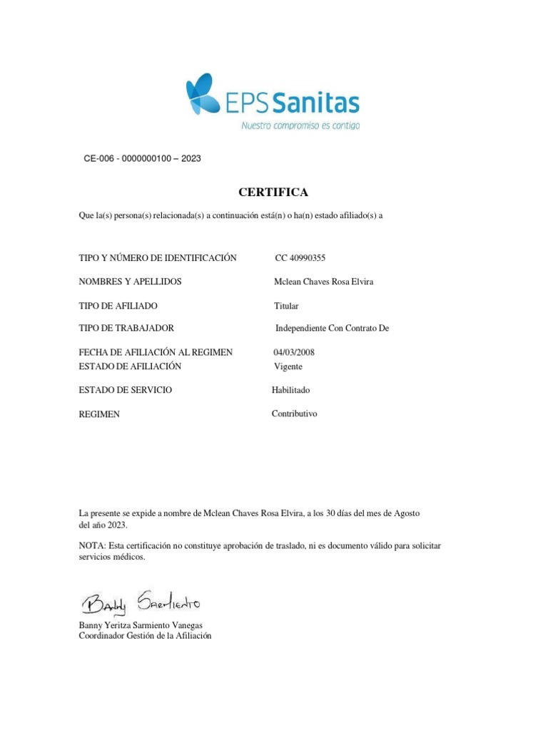 Certificado Afiliación Sanitas 0K.... | PDF
