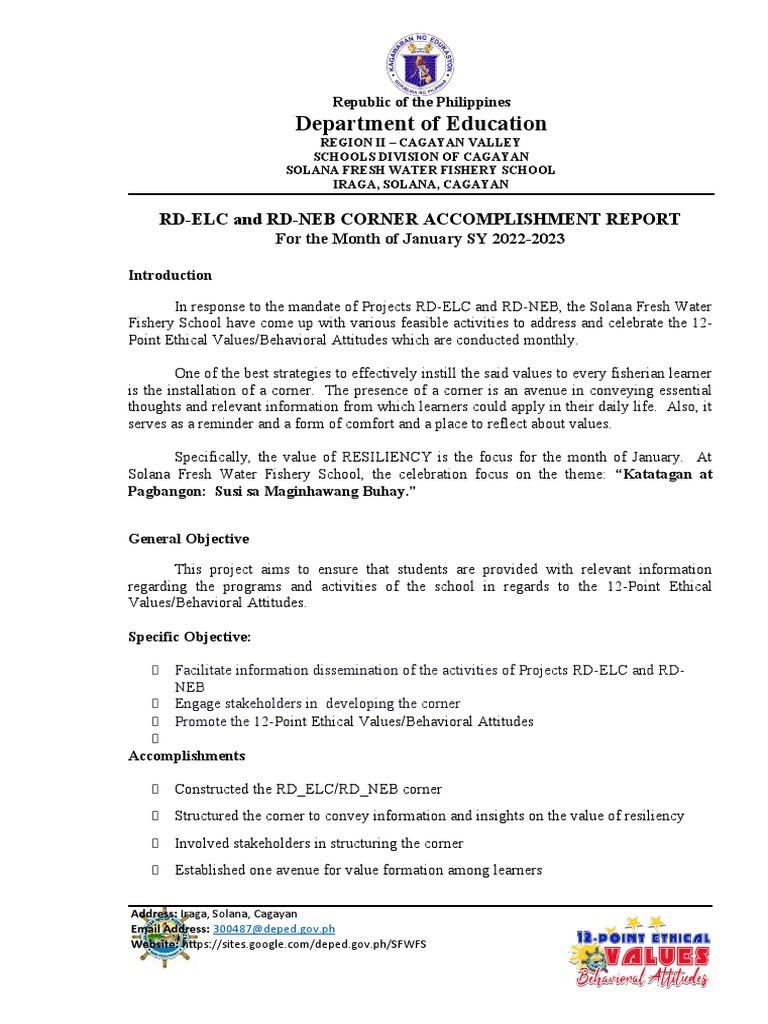 RD Elc Corner Accomplishment Report | PDF | Cognition | Learning