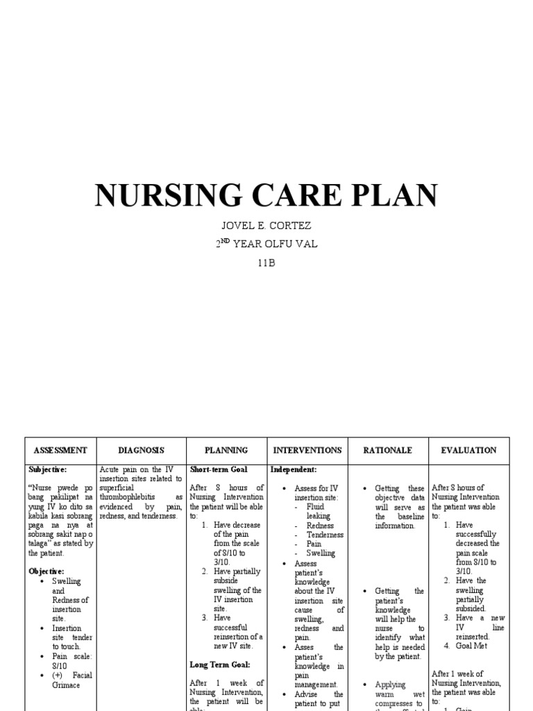 Nursing Care Plan: Jovel E. Cortez 2 Year Olfu Val 11B | PDF | Intravenous Therapy | Pain