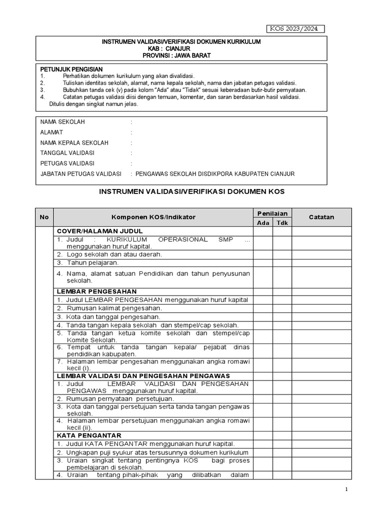 Instrumen Validasi Kos 2023-2024 | PDF | Seni