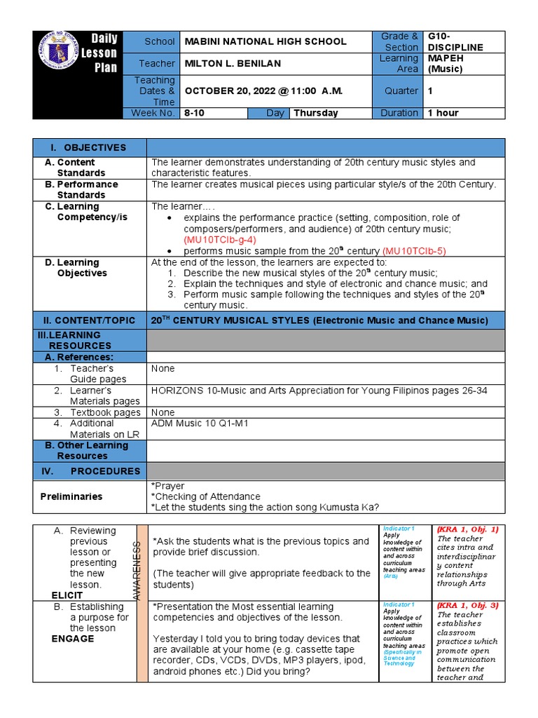 20th Century Musical Styles Lesson Plan | PDF | Teachers | Learning