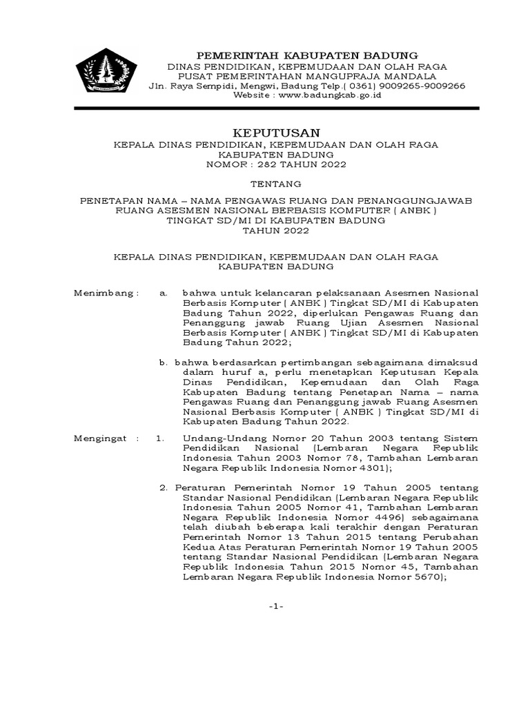 SK Pengawas Ruang Anbk 2022 | PDF