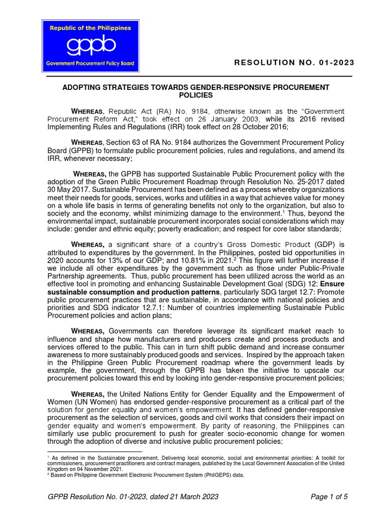 GPPB Resolution No. 01 2023 | PDF | Sustainability | Procurement