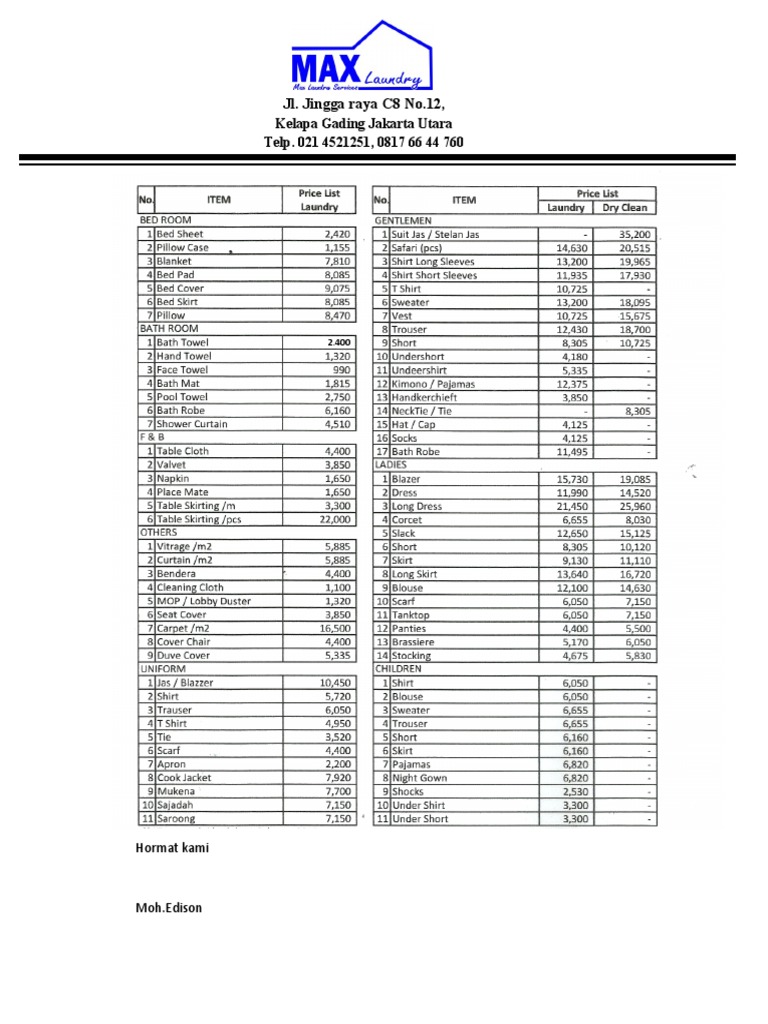 Harga MAx Laundry 2022 | PDF