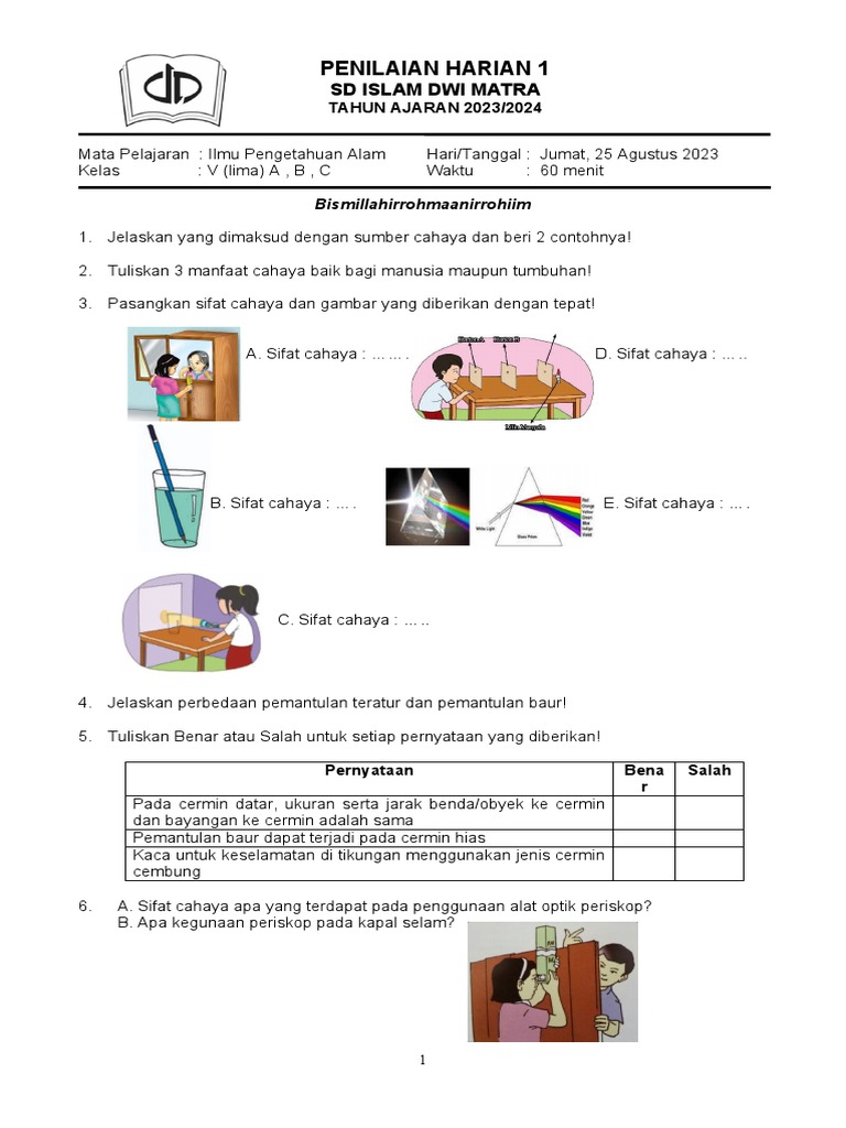 Soal PH 1 Sem 1 Ipas Kelas 5 2023-2024 | PDF