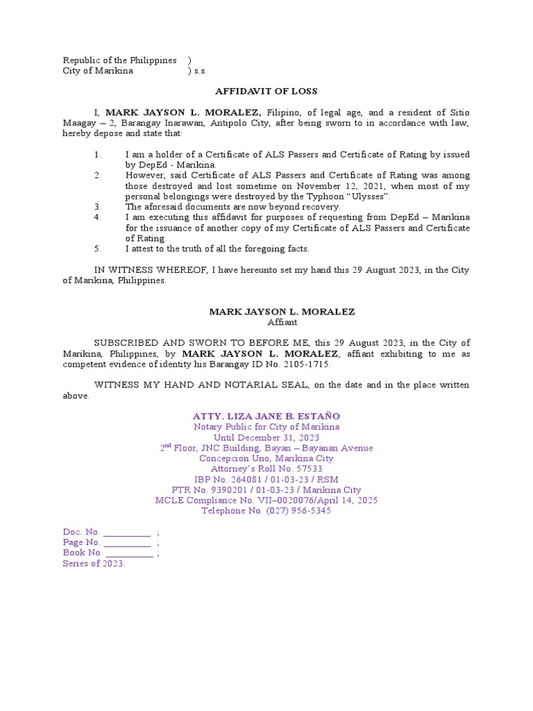 Affidavit of Loss (Diploma Marikina High School) 29.08.23 - Mark Jayson ...