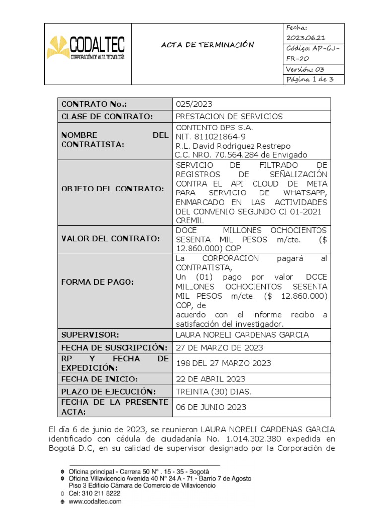 Formato Acta de Terminacion Version 2023 Final | PDF
