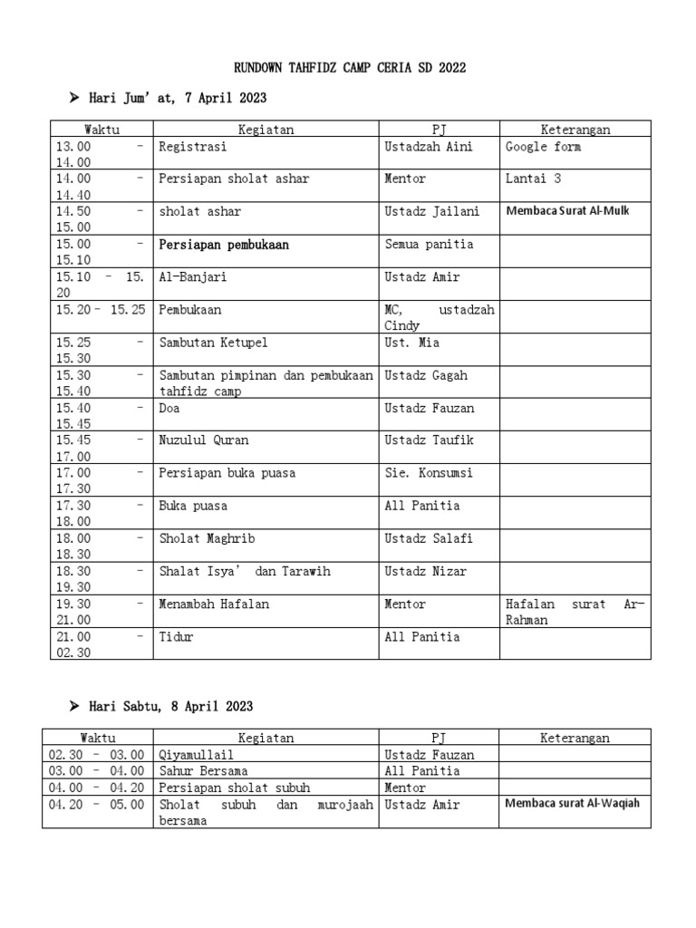 Rundown Tahfid Camp 2023-1 | PDF