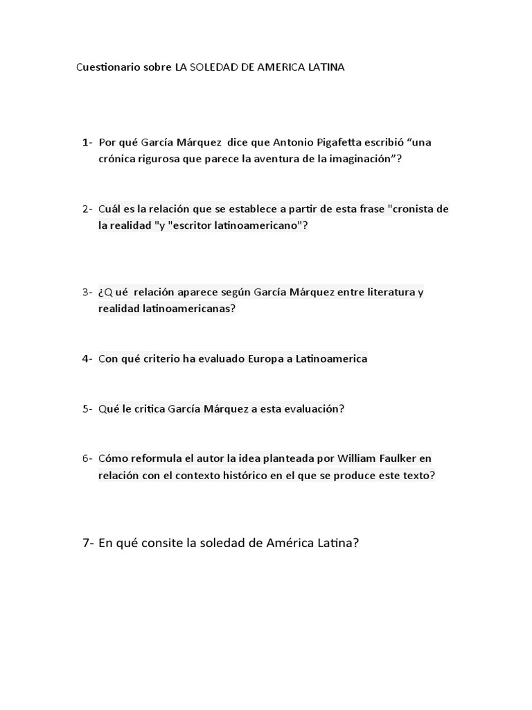 Cuestionario Sobre La Soledad de America Latina | PDF