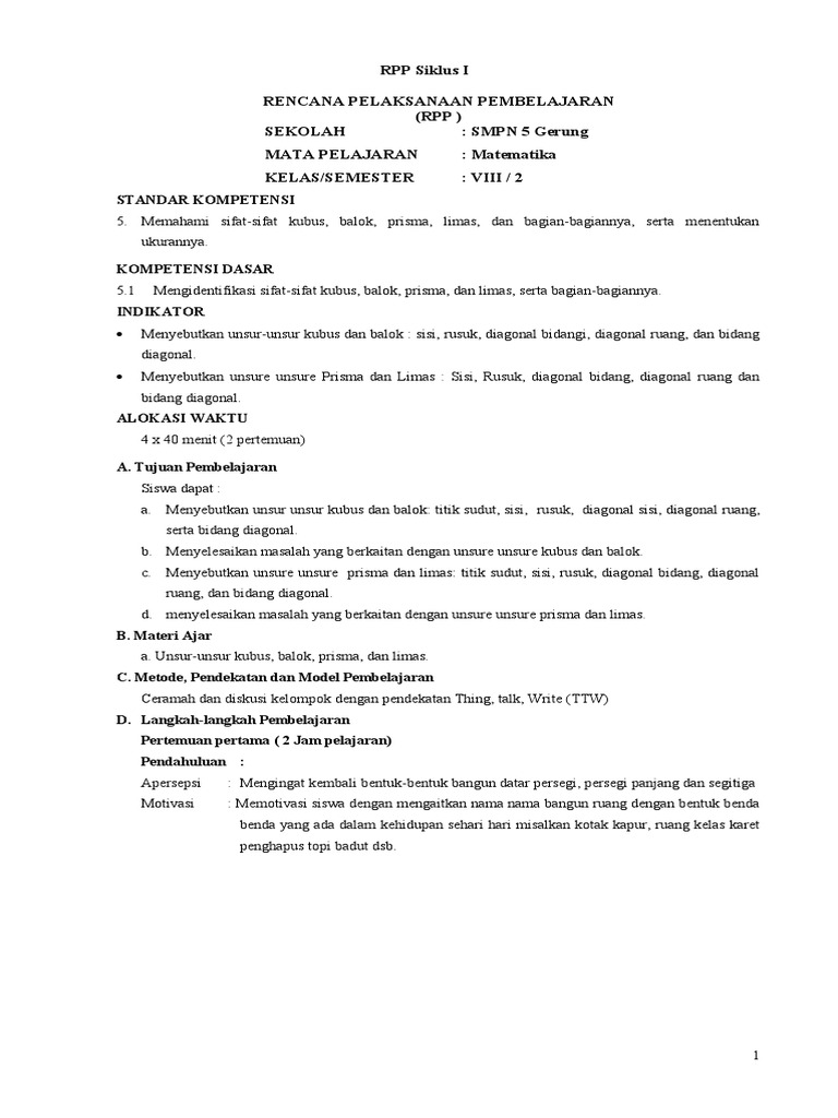 RPP SIKLUS 1 Dan LKS | PDF | Metode & Bahan Ajar | Griya & Taman
