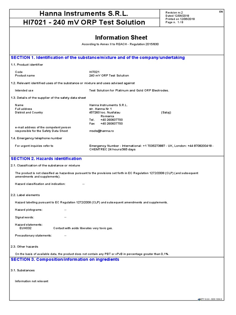 Hanna HI7021L ORP Buffer 240 MV 500 ML 1 | PDF | Dangerous Goods | Toxicity