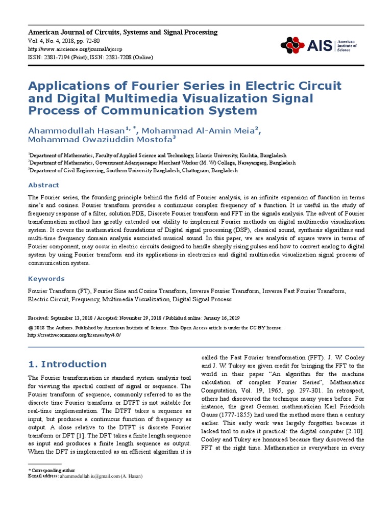 Applications of Fourier Series in Electric Circuit and Digital Multimedia Visualization Signal ...