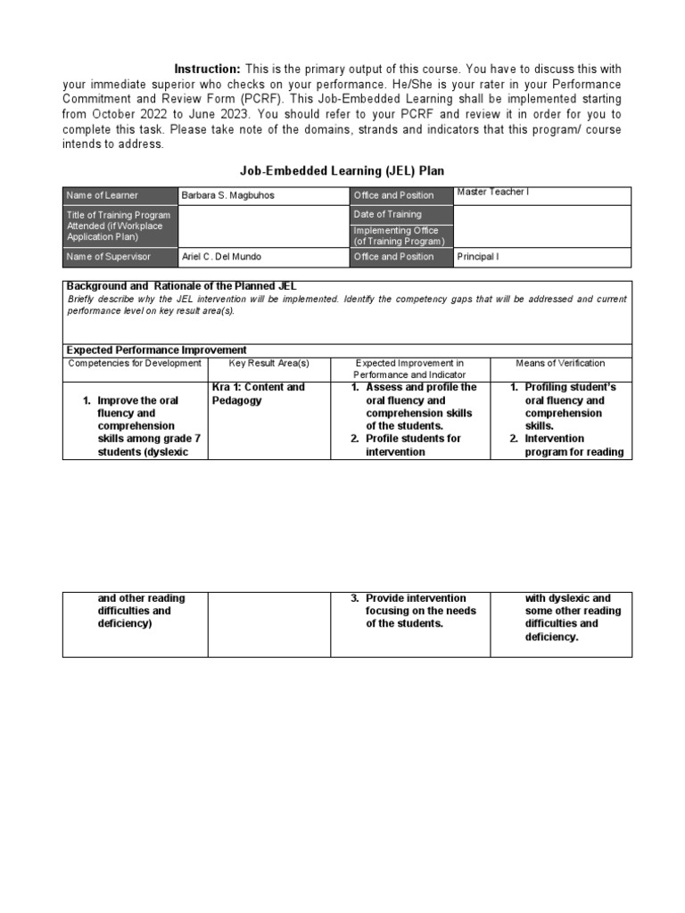 Anna Marie Ranillo - Job-Embedded-Learning-Plan | PDF | Reading ...