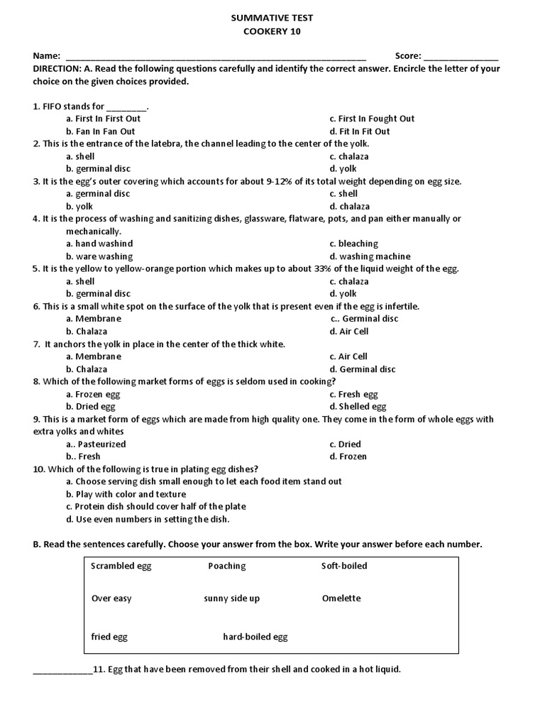 Cookery10 Summative Test | PDF | Egg As Food | Cuisine
