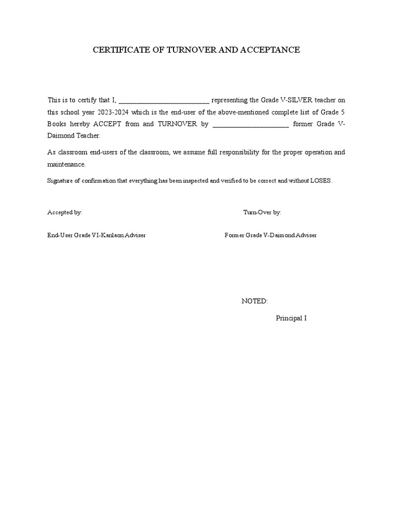 Certificate of Turnover and Acceptance Books | PDF