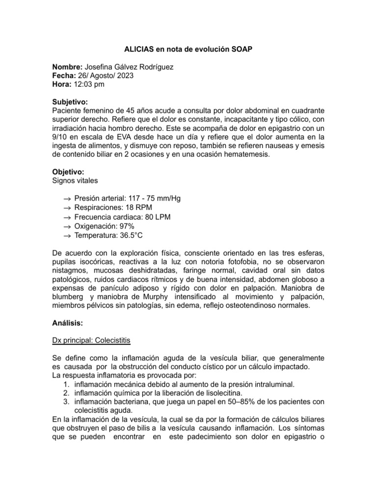 ALICIAS en Nota de Evolución SOAP | PDF | Vesícula biliar | Bilis
