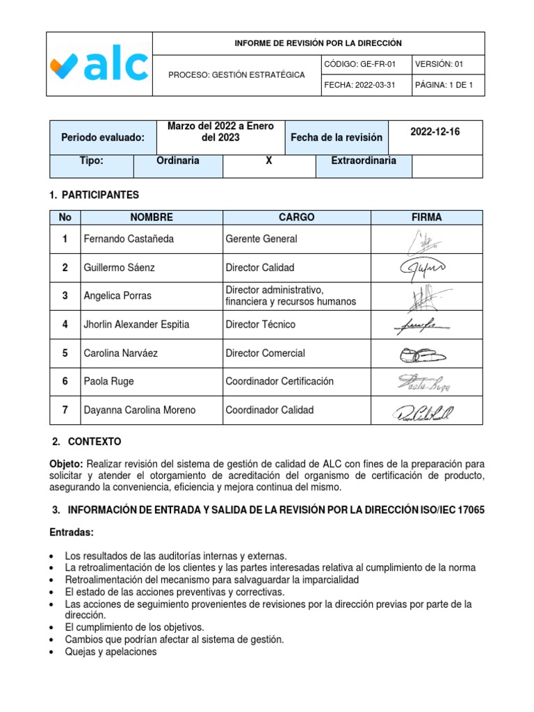 GE-FR-01 V01 Informe de Revision Por La Direccion | PDF | Auditoría ...