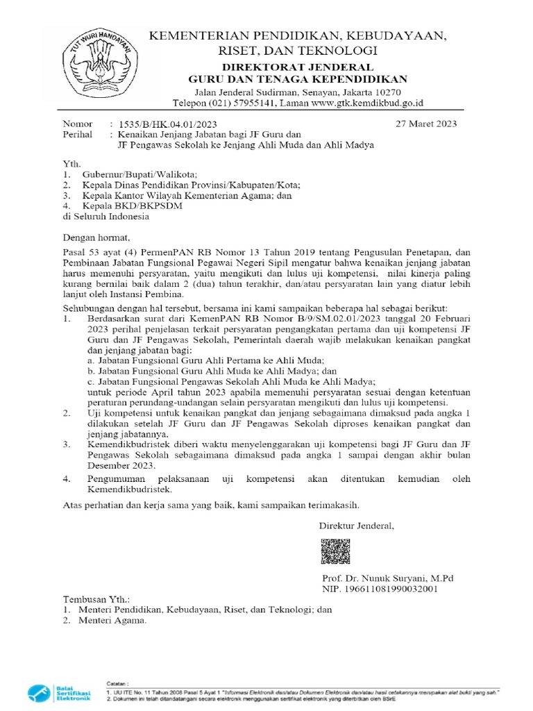 Surat Edaran Perhal Kenaikan Jenjang Jabatan Bagi JF Guru Dan JF ...