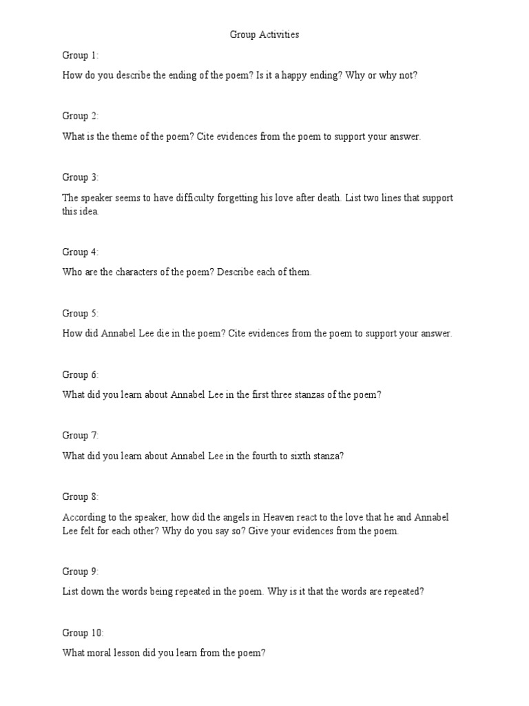 Group Activities Unit 1 Lesson 1 Annabel Lee | PDF
