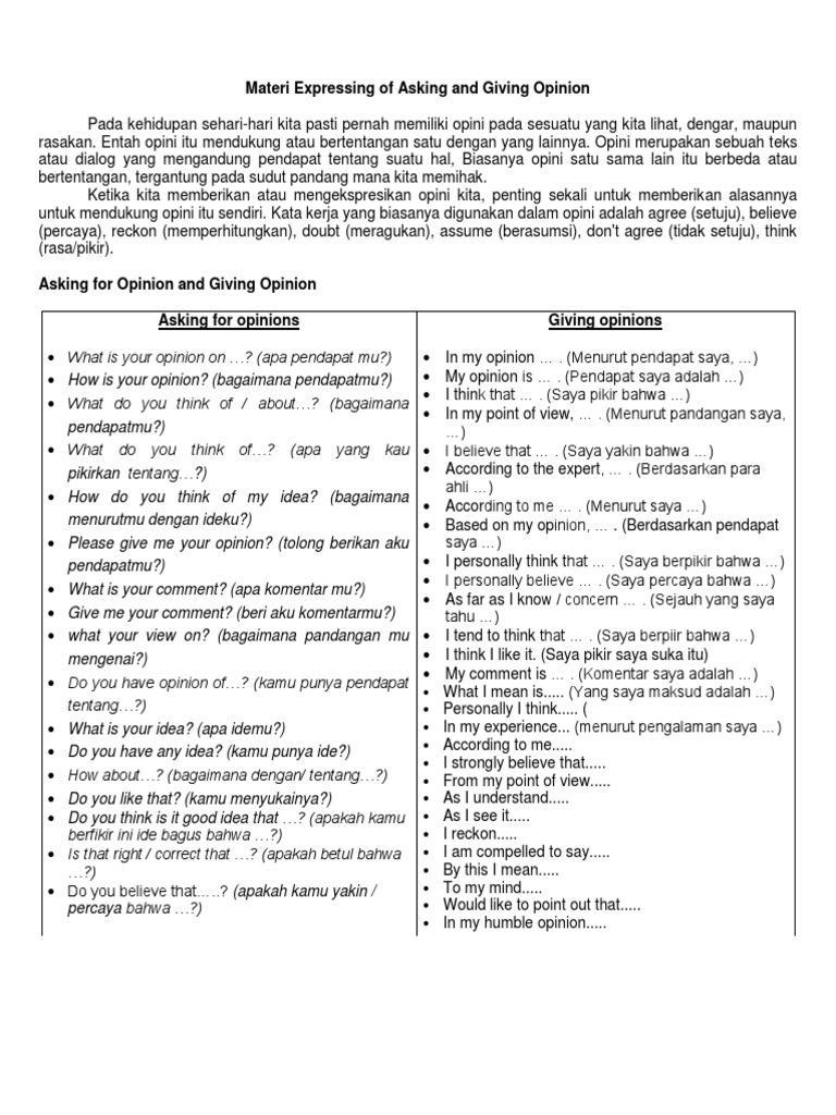 Materi Expressing of Asking and Giving Opinion - Short | PDF