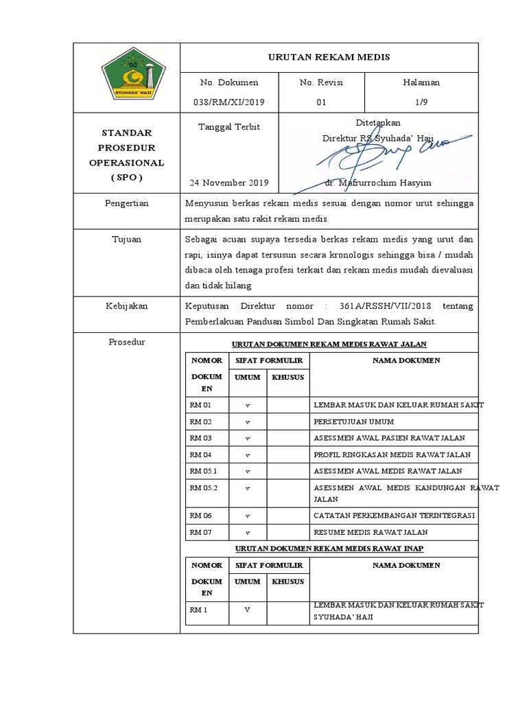 Spo-Rekam Medis-Urutan Rekam Medis-2019 | PDF