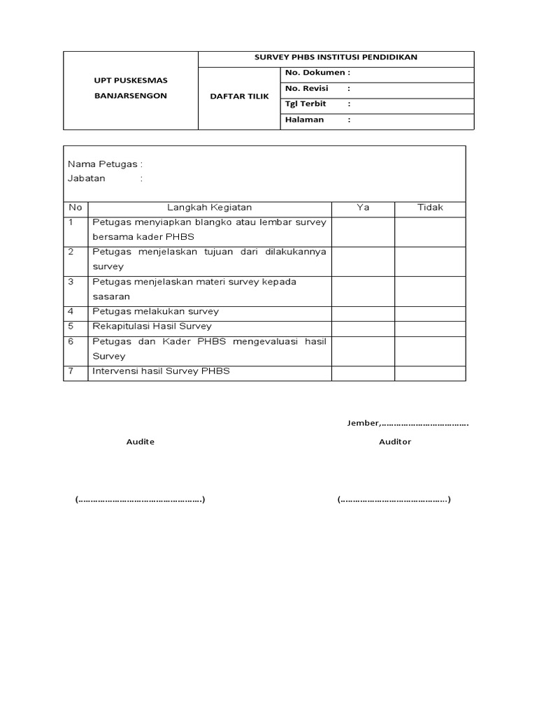 Daftar Tilik Kegiatan PHBS Tatanan Institusi Pendidikan | PDF