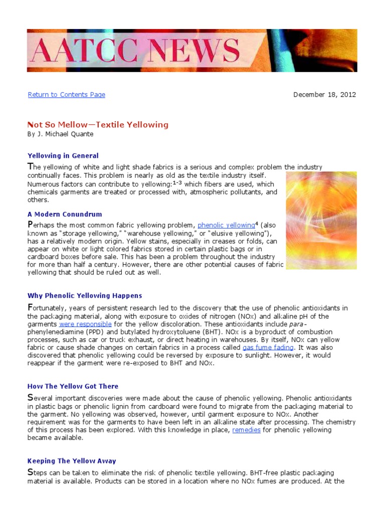 AATCC News-Phenolic Yellowing Could Be Reversed by Sunlight | PDF | Textiles | N Ox