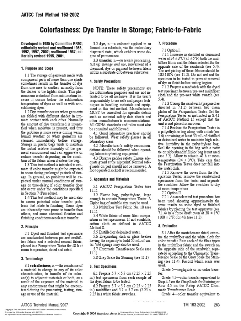 AATCC 163-2002 Colorfastness - Dye Transfer in Storage-Fabric-to-Fabric ...
