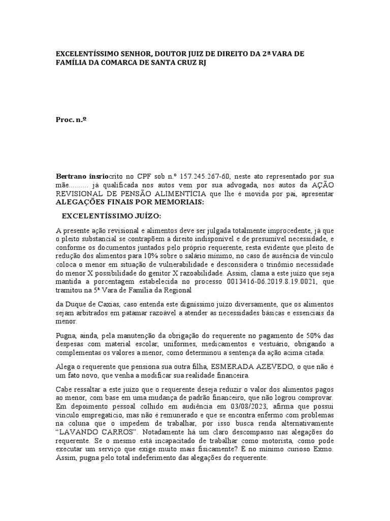 Modelo Alegacoes Finais em Memoriais Acao de Alimentos | PDF