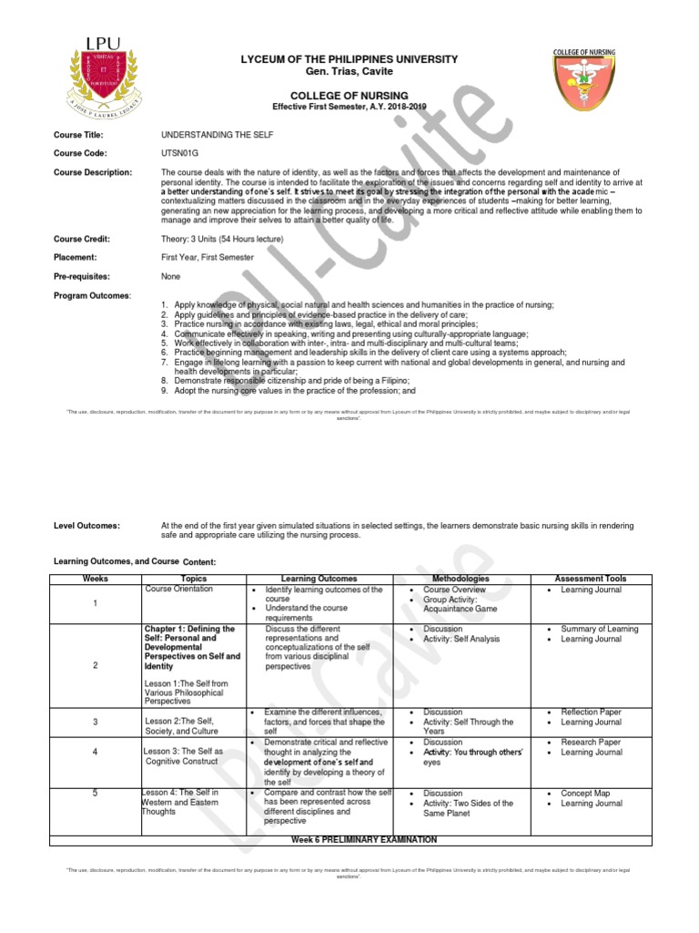 Understanding The Self Syllabus Obe - Ay2324 | PDF | Learning | Nursing