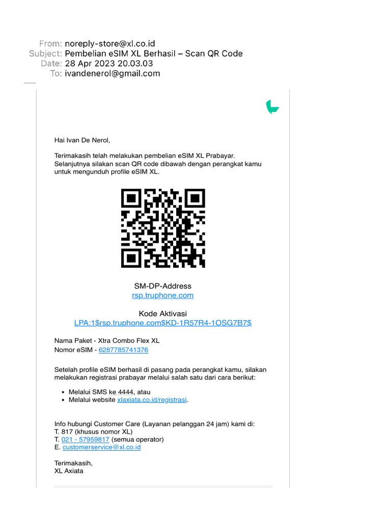 Pembelian ESIM XL Berhasil - Scan QR Code | PDF