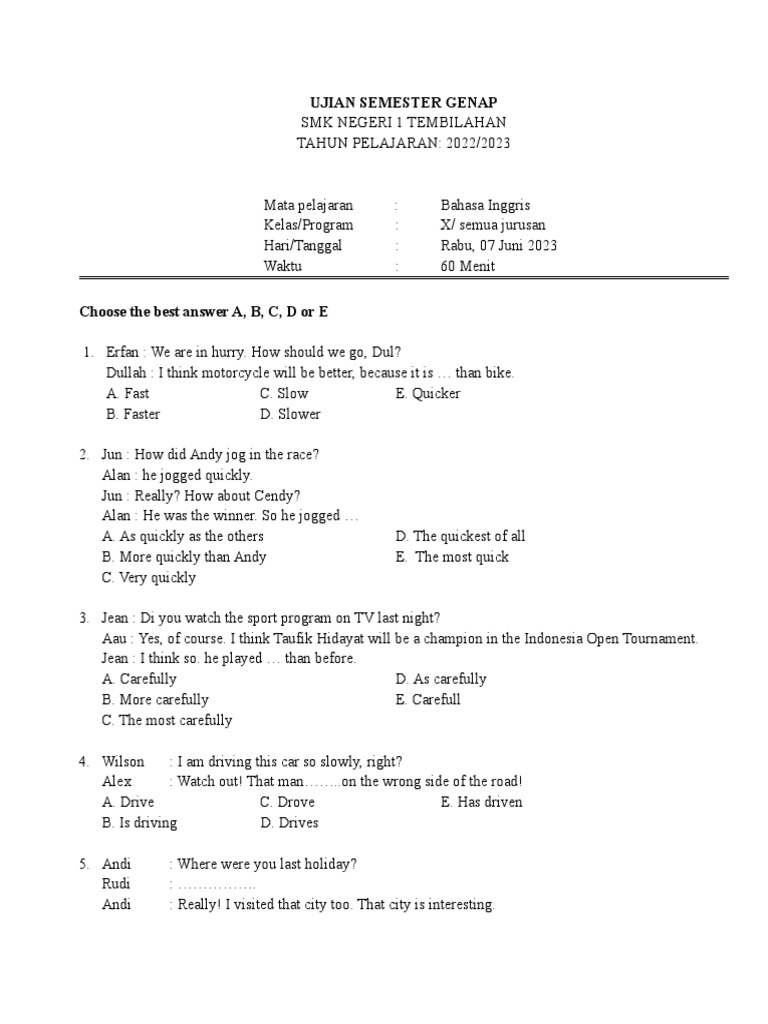New - Soal Bahasa Inggris Kls x Smt 2 2023 | PDF