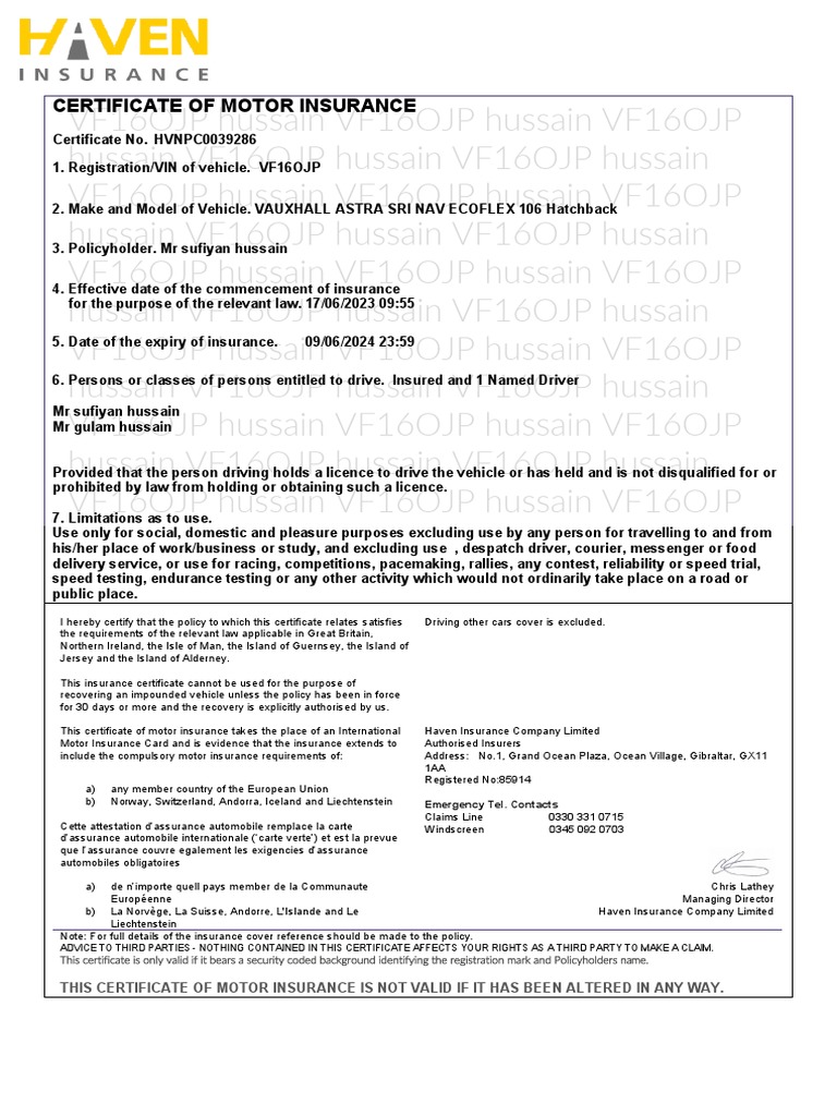 Certificate | Download Free PDF | Vehicle Insurance | Insurance