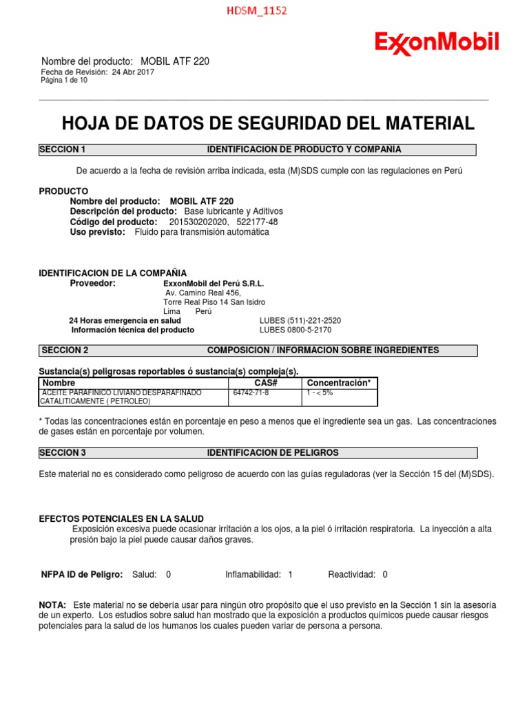 Aceite Mobil Atf 220-24.04.2017 | PDF | Descarga electrostática | Agua