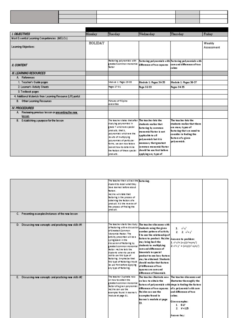 Week 1 Math 8 | PDF | Factorization | Polynomial