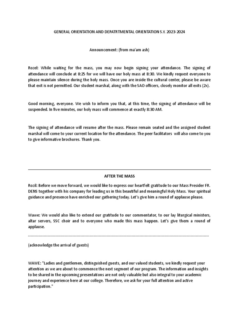 General Orientation and Depatrtmental Orientation Emcee Script | PDF | Cognition