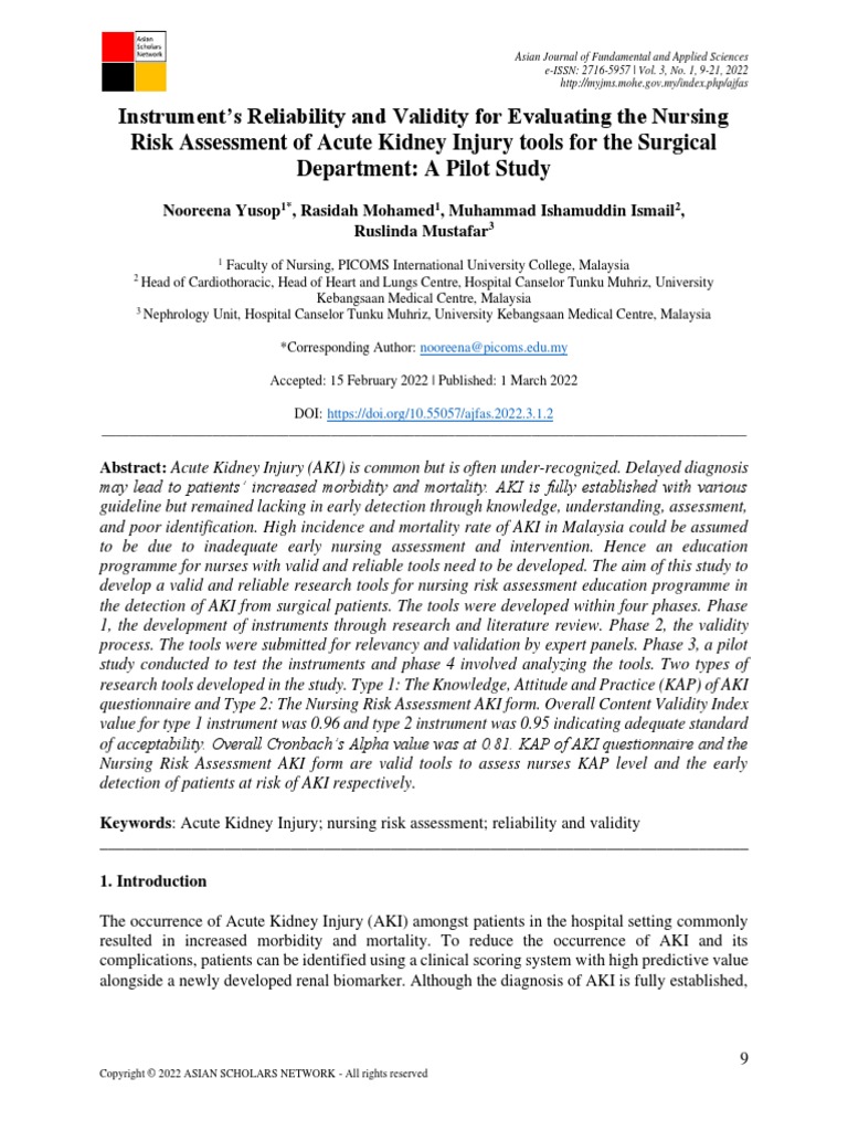 Instrument's Reliability and Validity For Evaluating The Nursing Risk Assessment of Acute Kidney ...