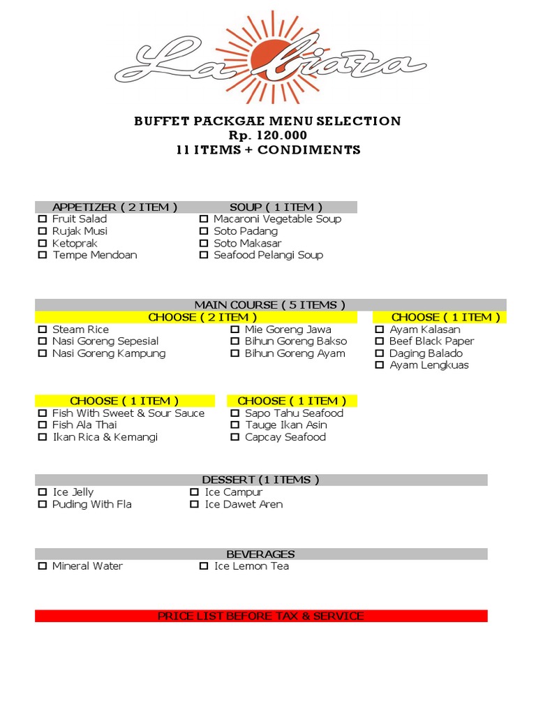 Buffet Packgae Menu Selection | PDF | Pudding | Asian Cuisine