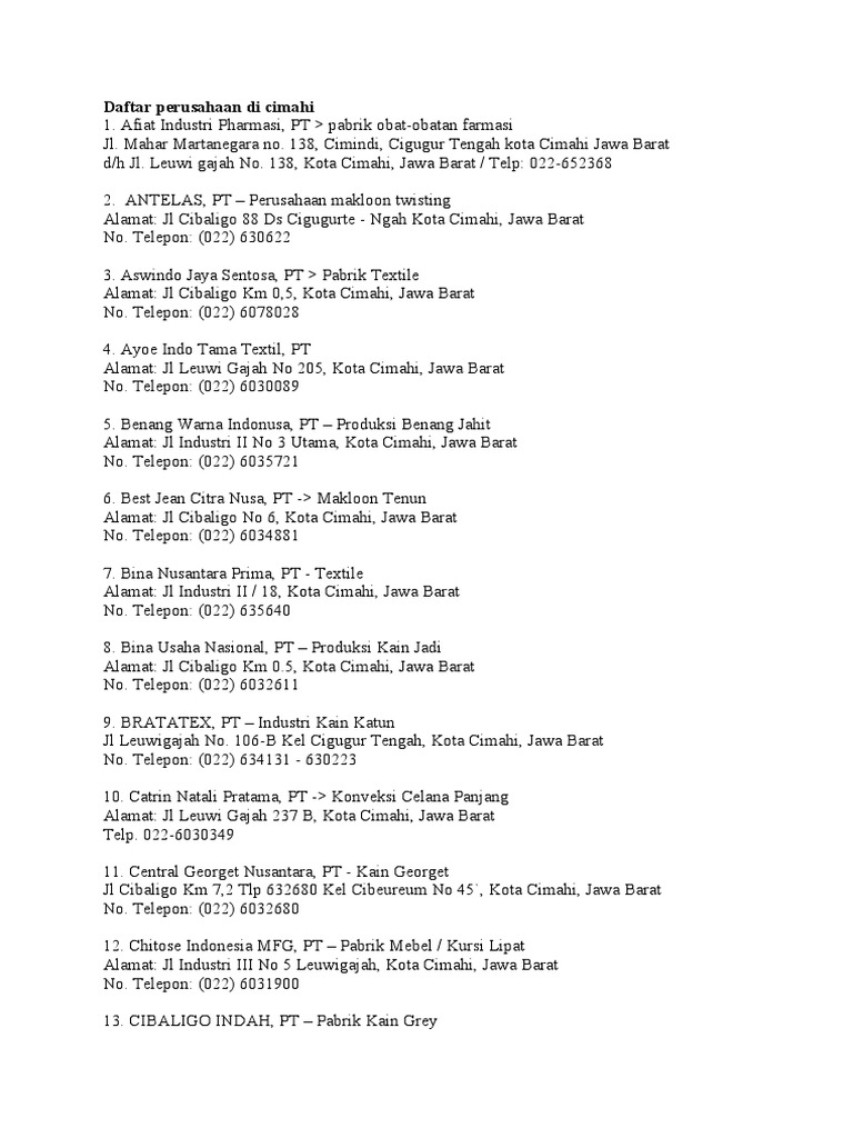 Daftar Perusahaan Di Cimahi Dan KBB | PDF