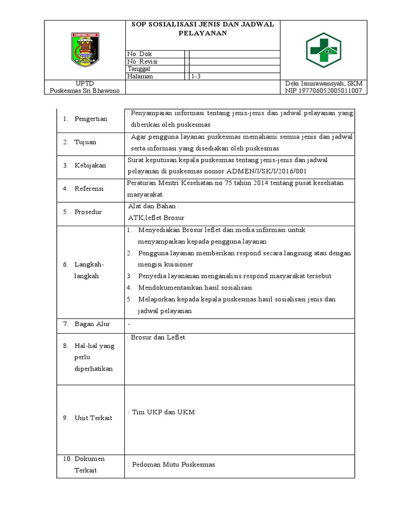 SOP SOsialisasi Jenis Pelayanan | PDF