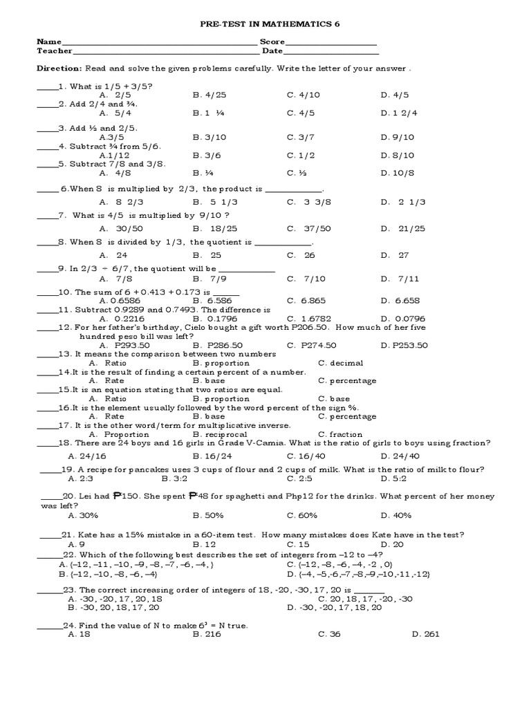 Pre-Test - Mathematics 6 | PDF | Triangle | Volume