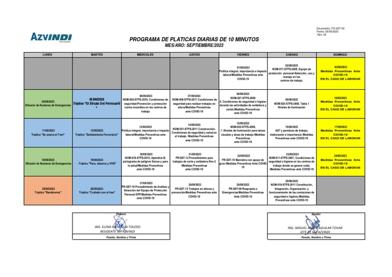 FO-SST-30 Programa de Pláticas Diarias de 10 Minutos_SEPTIEMBRE_23 | PDF